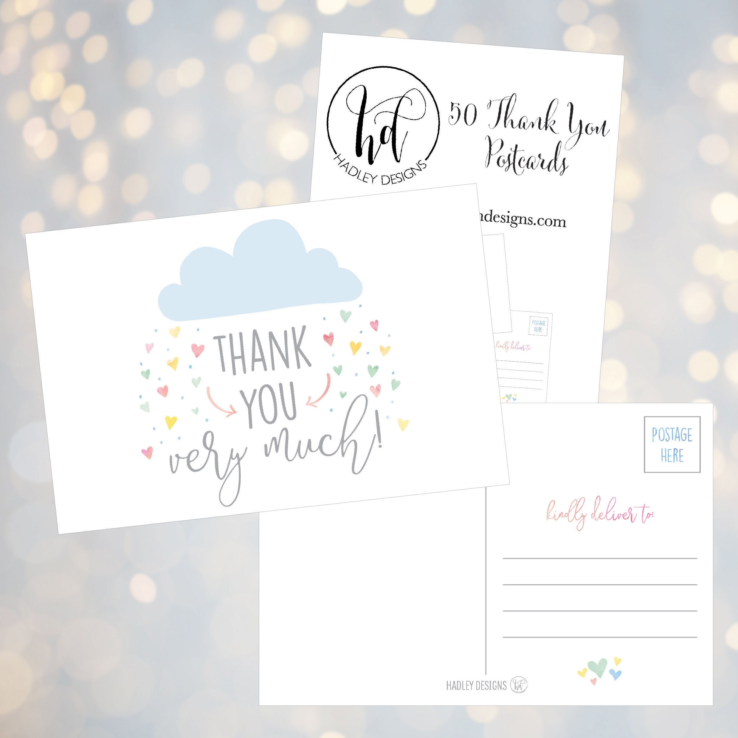 50 4x6 Rain Clouds Blank Thank You Postcards Bulk, Cute Modern Baby Shower Sprinkle Rainbow Showered With Love Thank You Note Card Stationery For Wedding Bridesmaid Bridal, Religious, Holiday