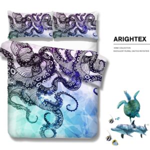 ARIGHTEX Octopus Bedding 3D Ocean Fish Duvet Cover Octopus and Octopus Feet Reversible Duvet Cover Set (Full)