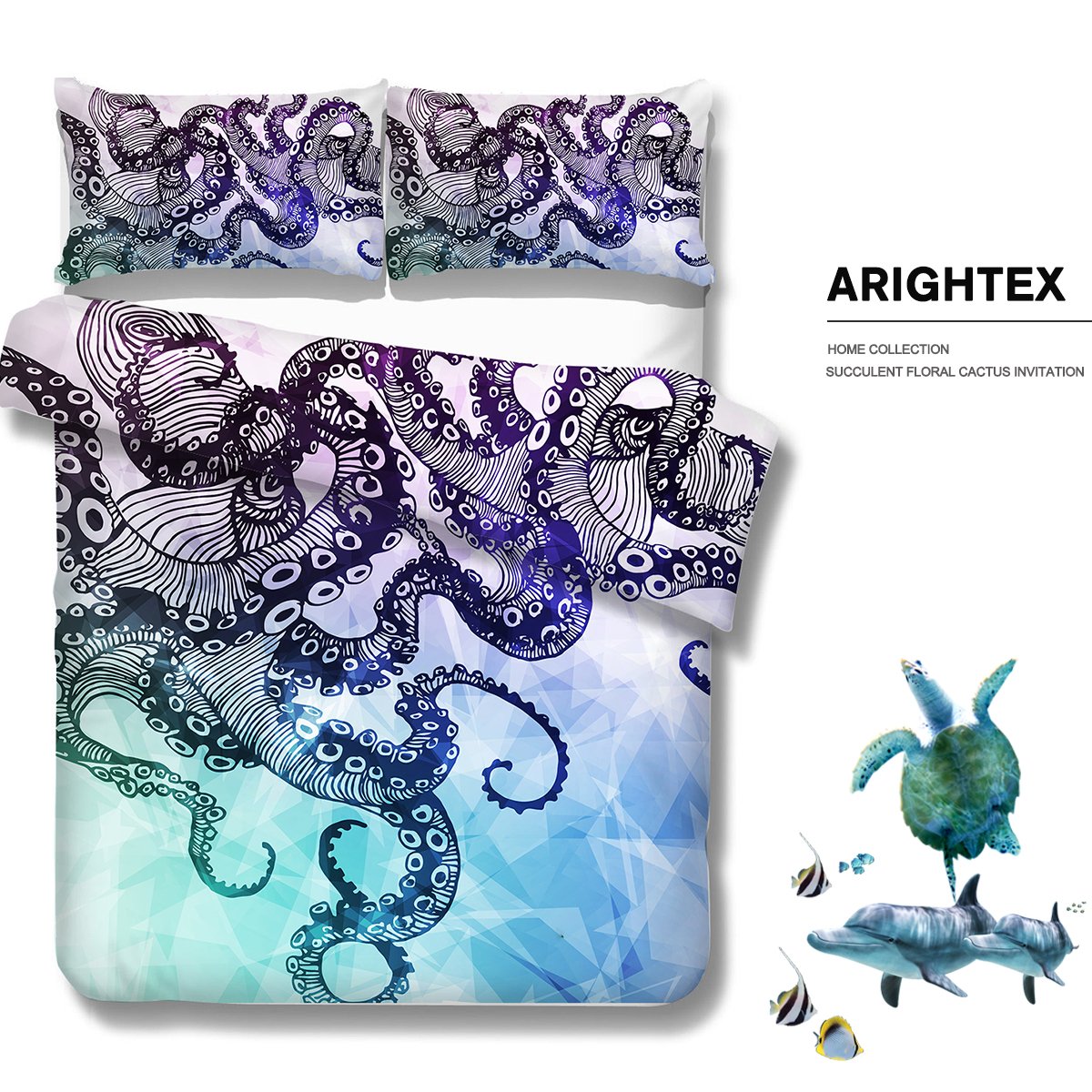 ARIGHTEX Octopus Bedding Purple Octopus Duvet Cover Set King 3D Ocean Animal Comforter Cover Trippy Octopus and Octopus Feet Bed Set (King)