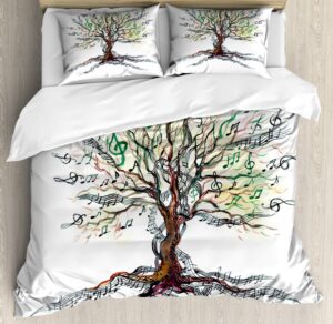 ambesonne music duvet cover set, musical tree autumnal clef trunk swirl nature illustration leaves creative design, decorative 3 piece bedding set with 2 pillow shams, queen size, white brown