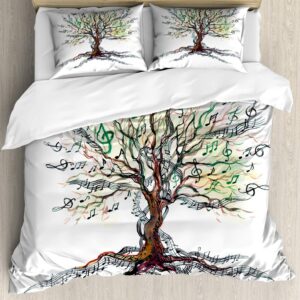 Ambesonne Music Duvet Cover Set, Musical Tree Autumnal Clef Trunk Swirl Nature Illustration Leaves Creative Design, Decorative 3 Piece Bedding Set with 2 Pillow Shams, Queen Size, White Brown