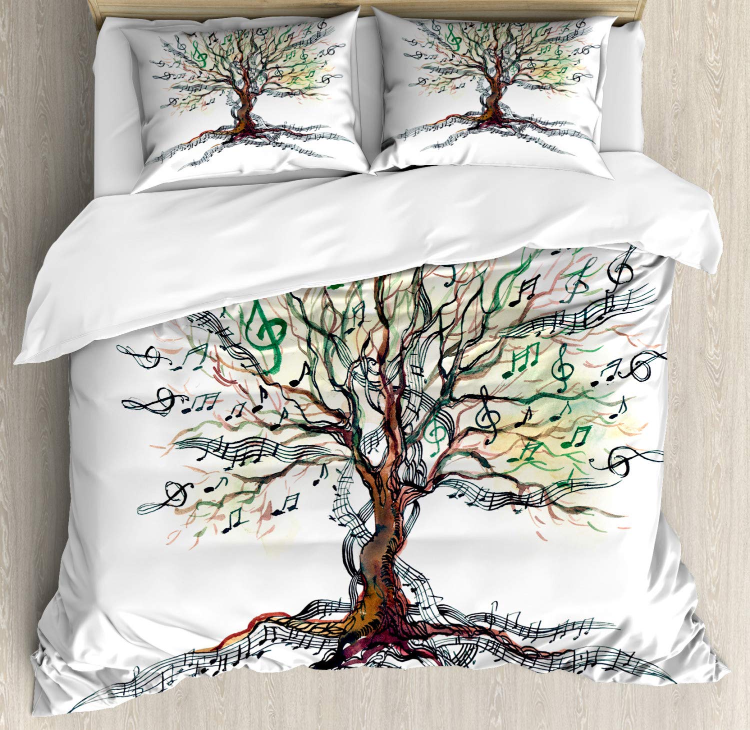 Ambesonne Music Duvet Cover Set, Musical Tree Autumnal Clef Trunk Swirl Nature Illustration Leaves Creative Design, Decorative 3 Piece Bedding Set with 2 Pillow Shams, Queen Size, White Brown