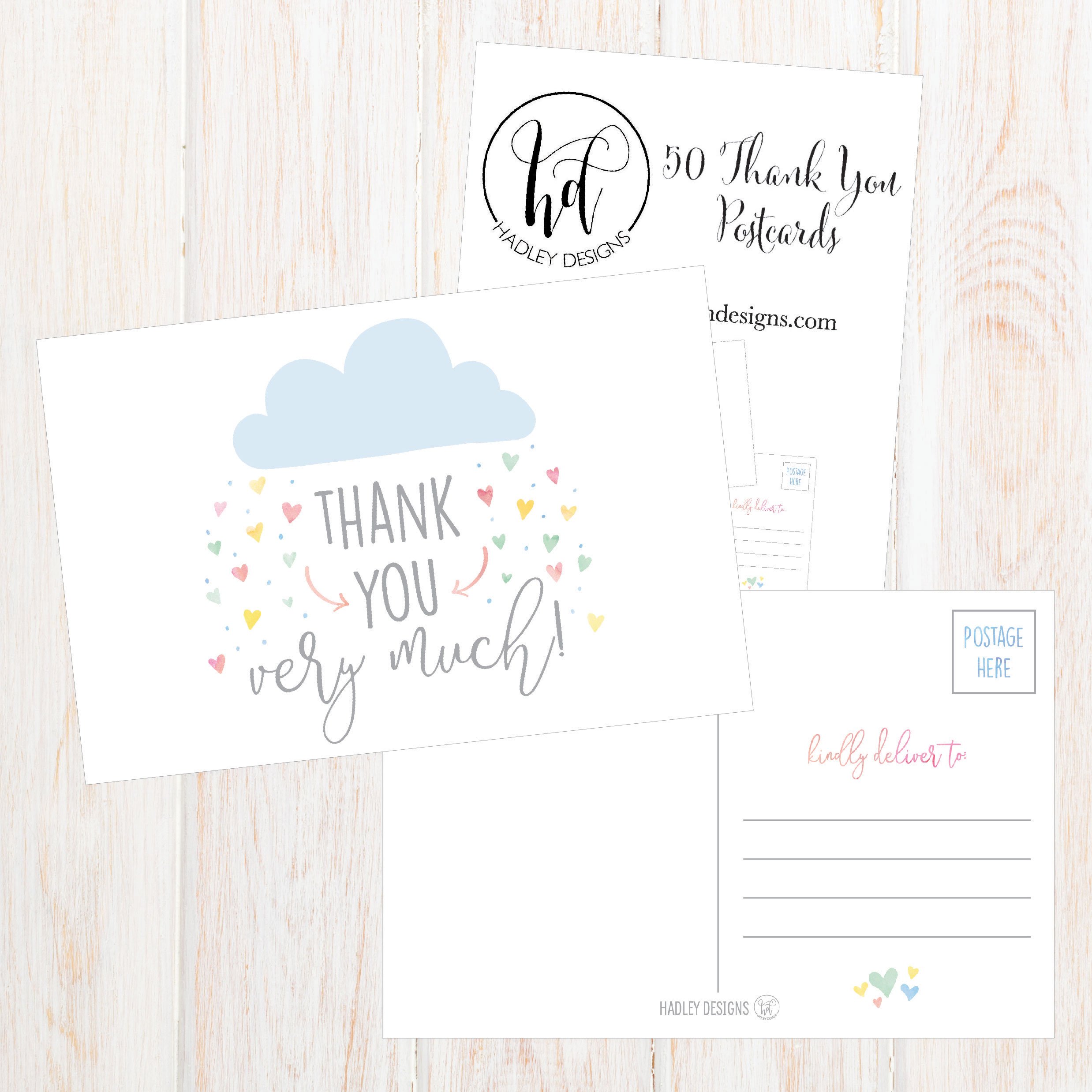 50 4x6 Rain Clouds Blank Thank You Postcards Bulk, Cute Modern Baby Shower Sprinkle Rainbow Showered With Love Thank You Note Card Stationery For Wedding Bridesmaid Bridal, Religious, Holiday