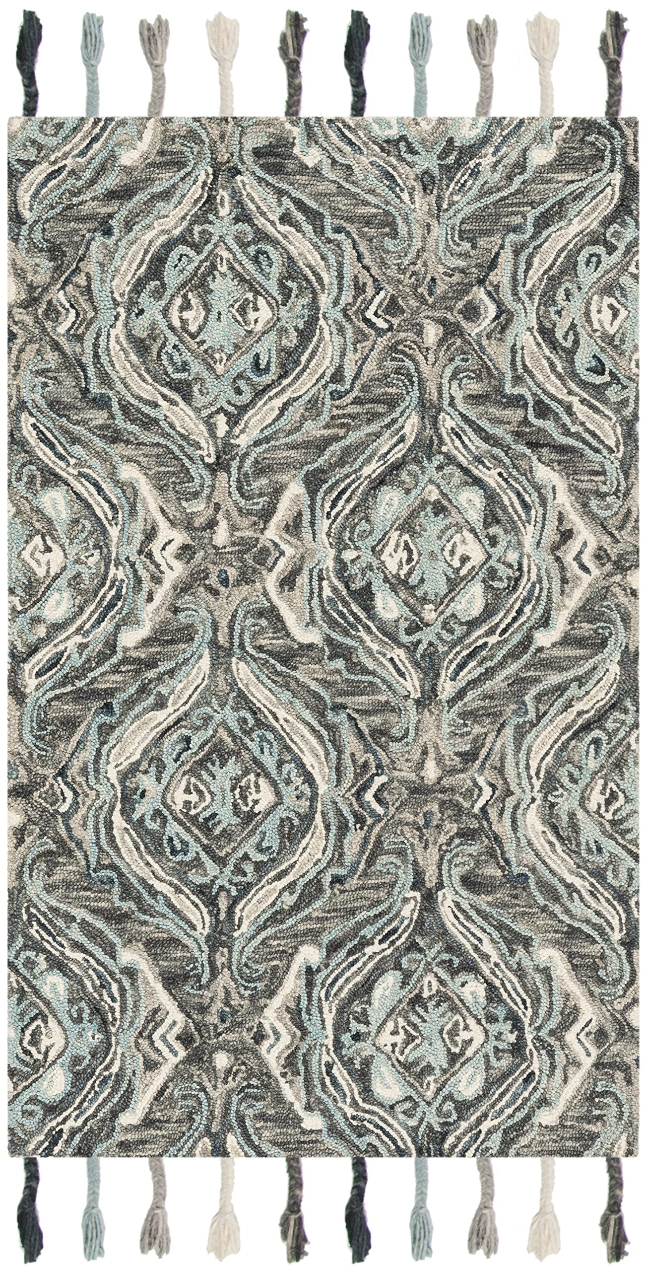 SAFAVIEH Suzani Collection 3' x 5' Grey/Light Blue SZN206A Hand-Hooked Boho Premium Tassel Wool Area Rug