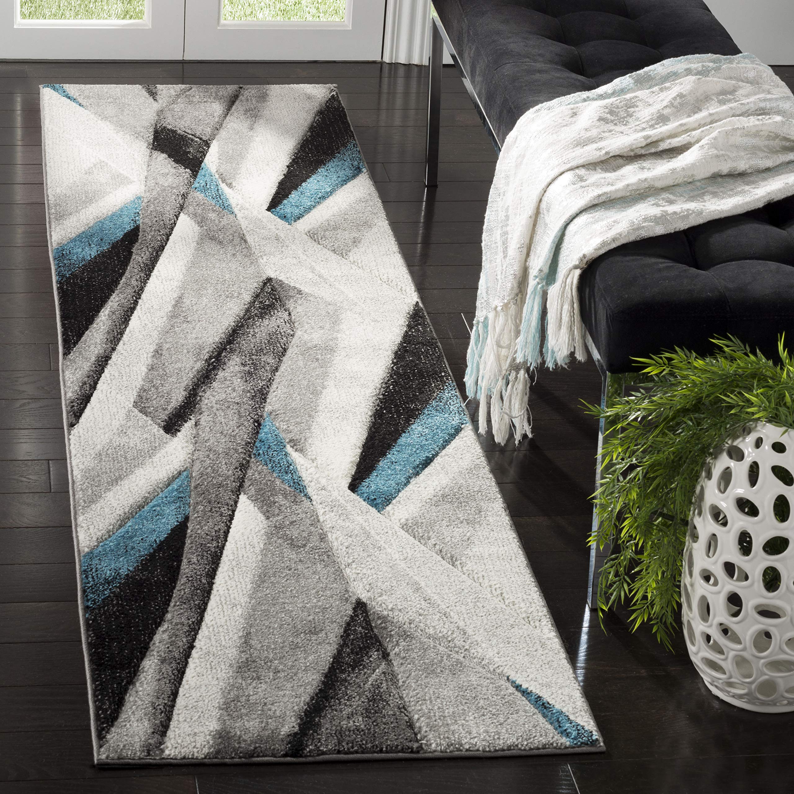 SAFAVIEH Hollywood Collection Runner Rug - 2'3" x 8', Grey & Teal, Mid-Century Modern Design, Non-Shedding & Easy Care, Ideal for High Traffic Areas in Living Room, Bedroom (HLW710D)