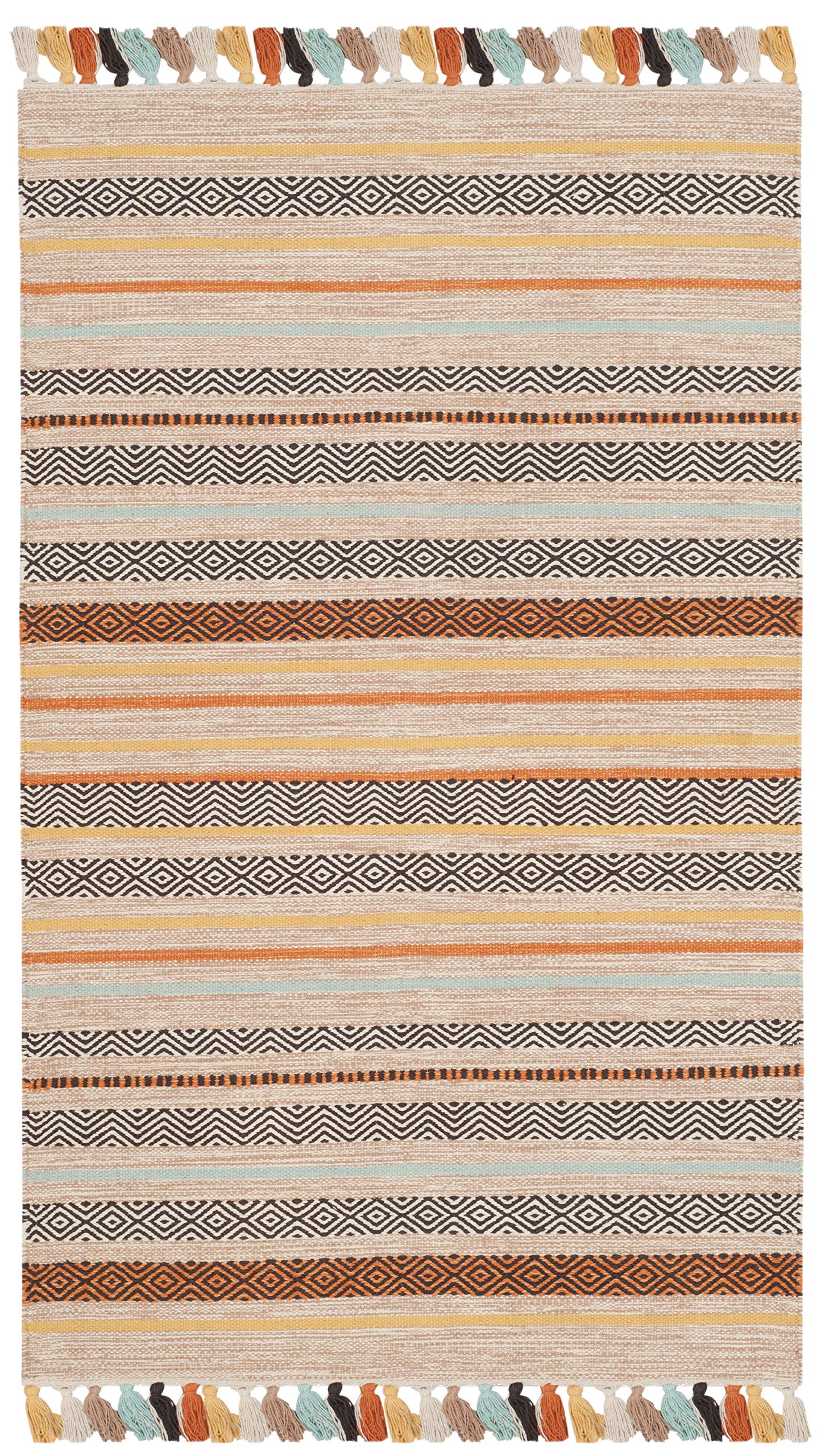 SAFAVIEH Montauk Collection Accent Rug - 3' x 5', Beige & Multi, Handmade Boho Stripe Fringe Cotton, Ideal for High Traffic Areas in Entryway, Living Room, Bedroom (MTK901A)