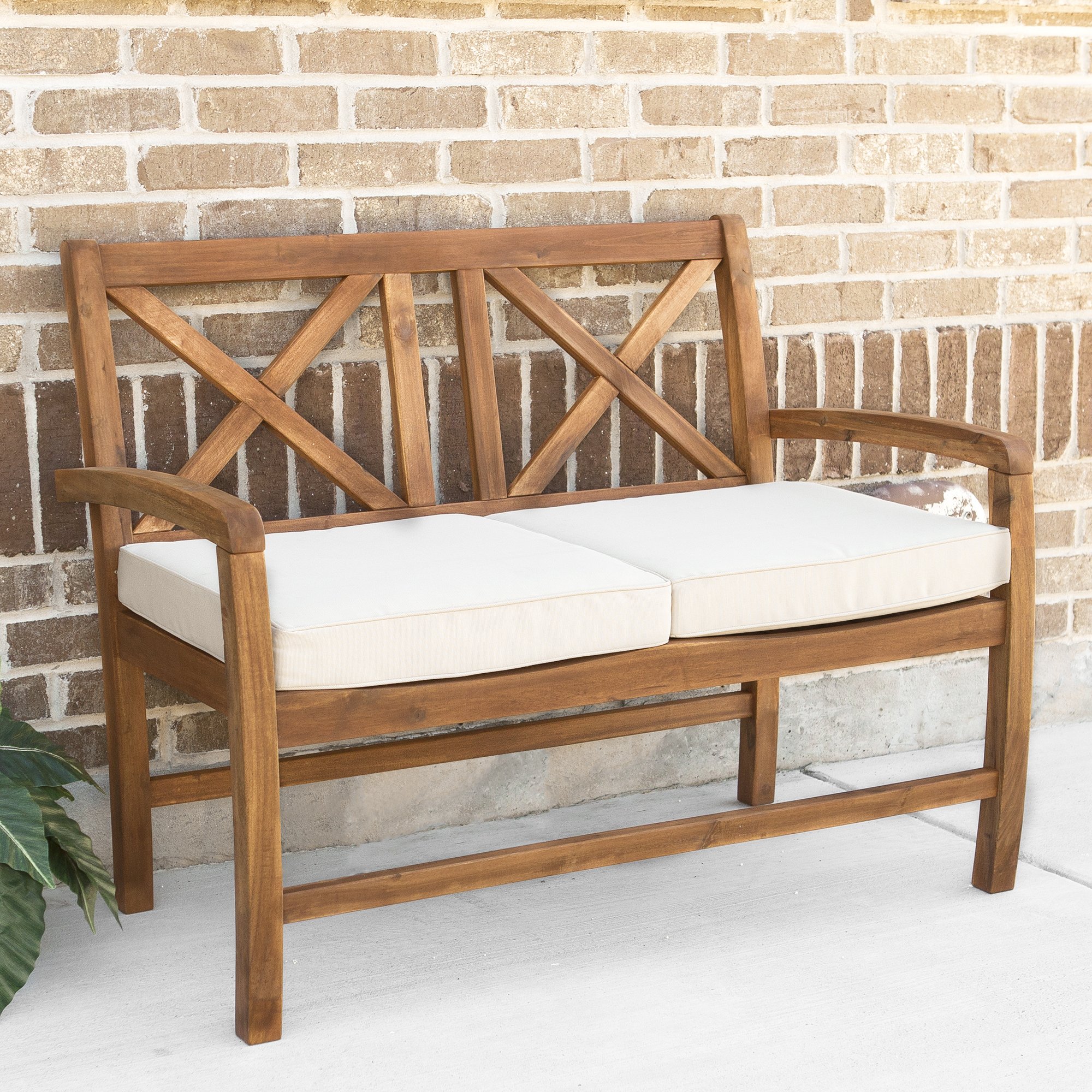 Walker Edison Delray Classic Acacia Wood X Back Patio Loveseat with Cushions, 40 Inch, Brown