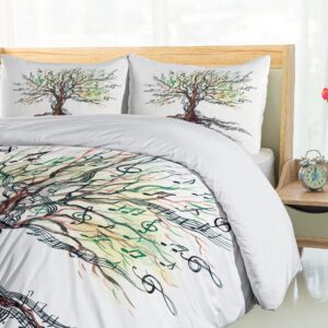 Ambesonne Music Duvet Cover Set, Musical Tree Autumnal Clef Trunk Swirl Nature Illustration Leaves Creative Design, Decorative 3 Piece Bedding Set with 2 Pillow Shams, Queen Size, White Brown