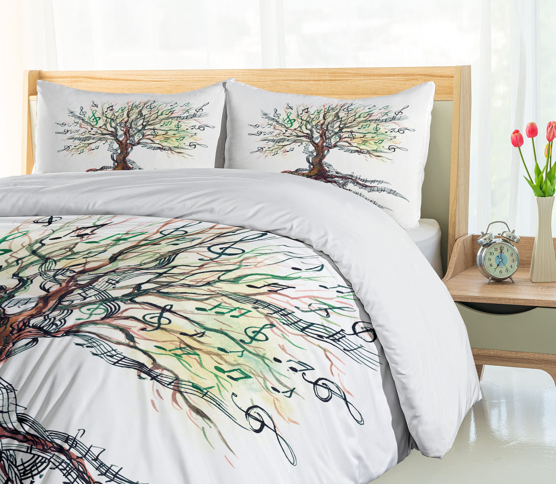 Ambesonne Music Duvet Cover Set, Musical Tree Autumnal Clef Trunk Swirl Nature Illustration Leaves Creative Design, Decorative 3 Piece Bedding Set with 2 Pillow Shams, Queen Size, White Brown