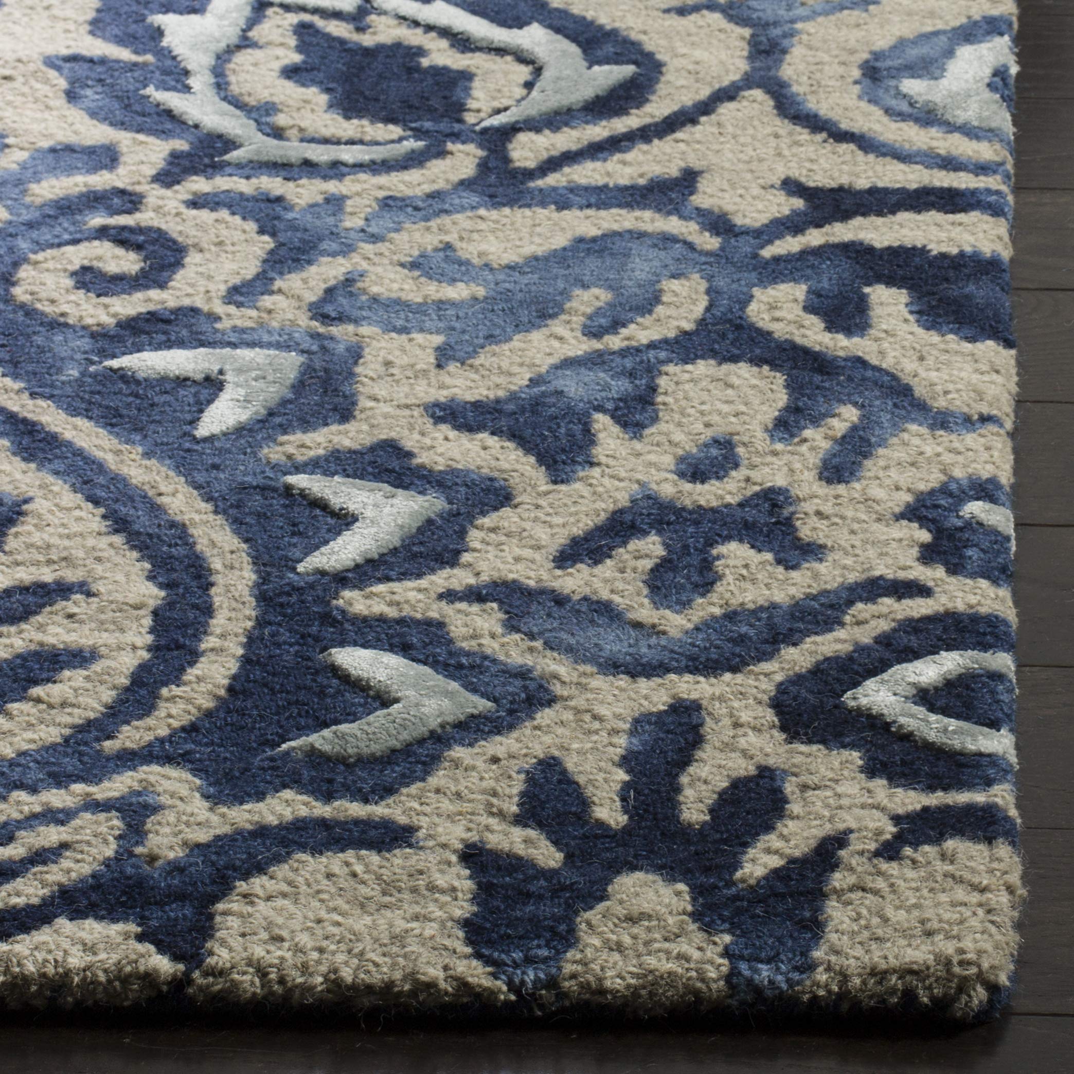 SAFAVIEH Dip Dye Collection 8' x 10' Royal Blue / Beige DDY511K Handmade Damask Premium Wool & Silk Area Rug