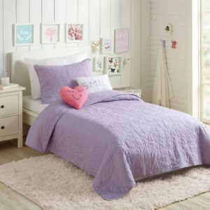 URBAN PLAYGROUND Solid Lavender Purple Hearts Kids Girls Cotton 4-Pc Quilt Set (Includes 2 Pillows) - Twin Size