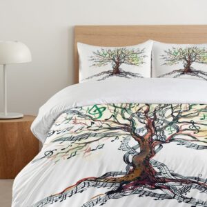 Ambesonne Music Duvet Cover Set, Musical Tree Autumnal Clef Trunk Swirl Nature Illustration Leaves Creative Design, Decorative 3 Piece Bedding Set with 2 Pillow Shams, Queen Size, White Brown