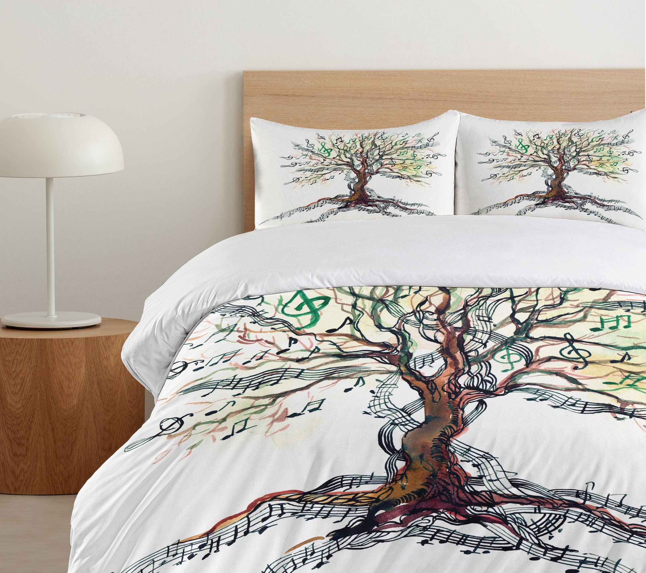 Ambesonne Music Duvet Cover Set, Musical Tree Autumnal Clef Trunk Swirl Nature Illustration Leaves Creative Design, Decorative 3 Piece Bedding Set with 2 Pillow Shams, Queen Size, White Brown