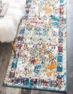 unique loom rosso collection vintage, traditional, distressed, bohemian, botanical, southwestern area rug, 2' 7" x 10' 0", multi/blue