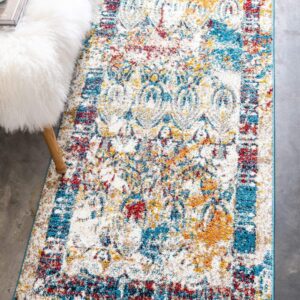 Unique Loom Rosso Collection Vintage, Traditional, Distressed, Bohemian, Botanical, Southwestern Area Rug, 2' 7" x 10' 0", Multi/Blue