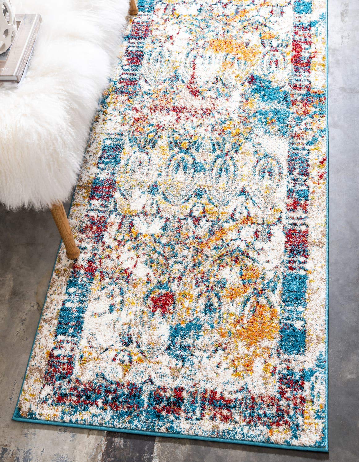 Unique Loom Rosso Collection Vintage, Traditional, Distressed, Bohemian, Botanical, Southwestern Area Rug, 2' 7" x 10' 0", Multi/Blue