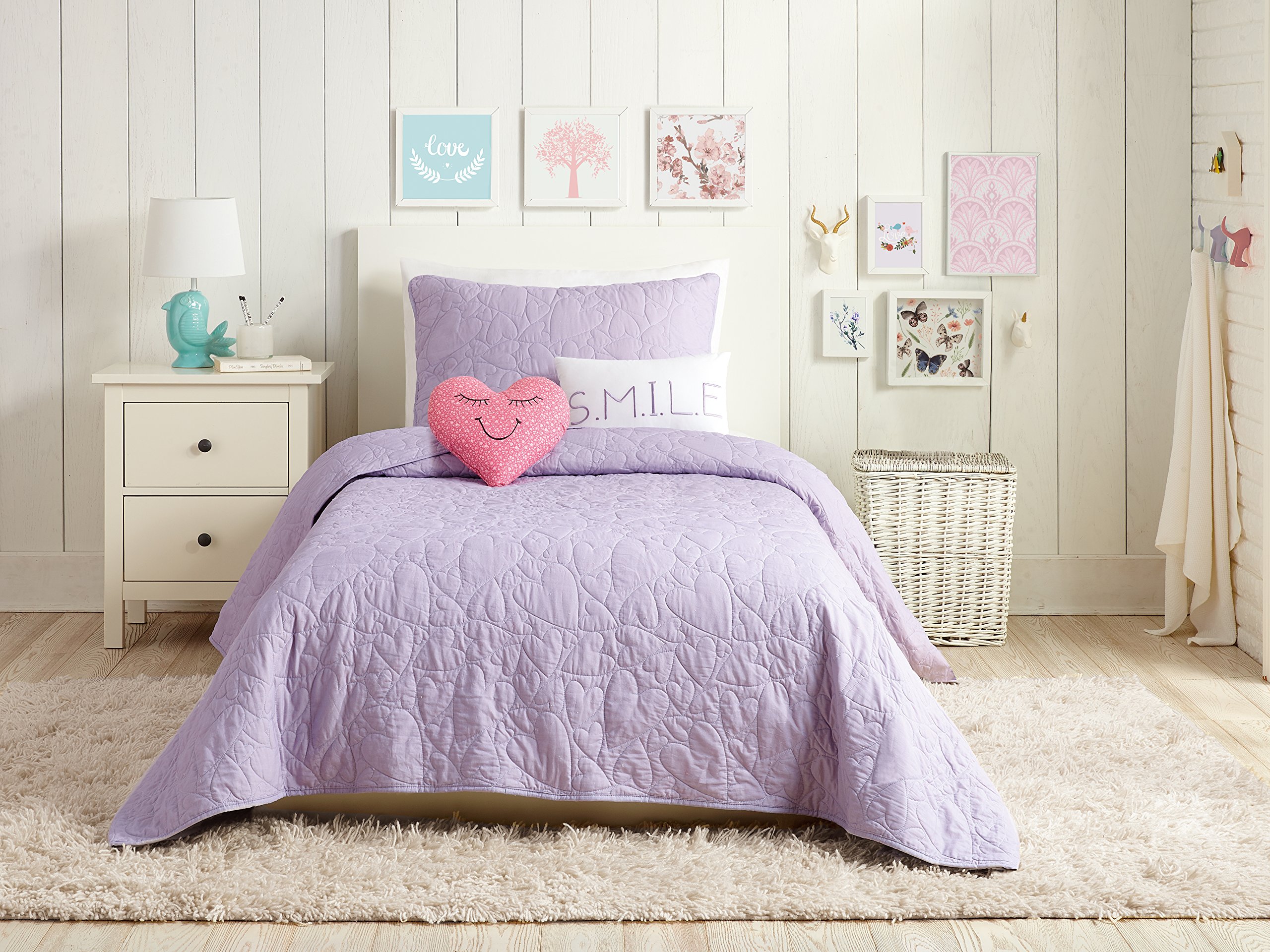 URBAN PLAYGROUND Solid Lavender Purple Hearts Kids Girls Cotton 4-Pc Quilt Set (Includes 2 Pillows) - Twin Size