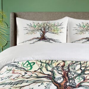 Ambesonne Music Duvet Cover Set, Musical Tree Autumnal Clef Trunk Swirl Nature Illustration Leaves Creative Design, Decorative 3 Piece Bedding Set with 2 Pillow Shams, Queen Size, White Brown