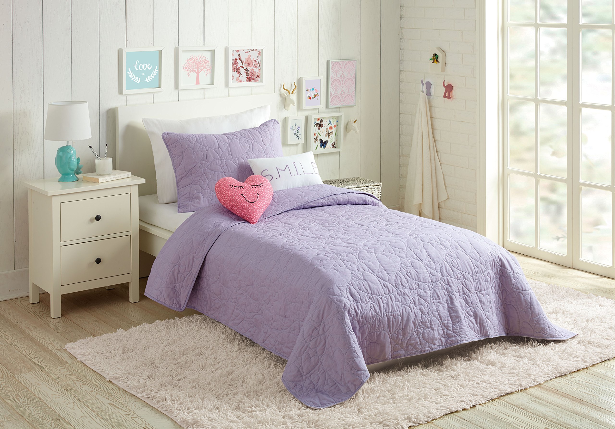 URBAN PLAYGROUND Solid Lavender Purple Hearts Kids Girls Cotton 4-Pc Quilt Set (Includes 2 Pillows) - Twin Size