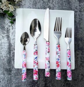 elegant peony flower 20-piece flatware set, service for 4, stainless steel cutlery silverware set for home wedding