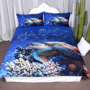 arightex sea turtle bedding blue 3d turtle duvet cover ocean coral fish bed set for teens boys kids girls 3-piece sea life comforter cover full set