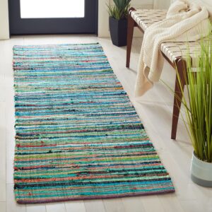 safavieh rag rug collection runner rug - 2'3" x 6', green & multi, handmade boho stripe cotton, ideal for high traffic areas in living room, bedroom (rar240e)