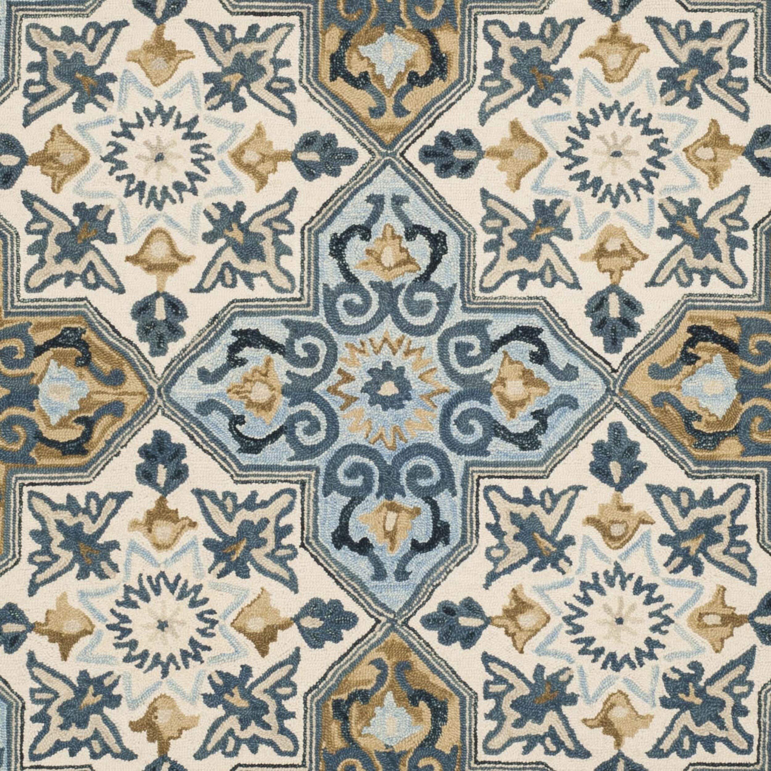 SAFAVIEH Suzani Collection 3' x 5' Ivory/Blue SZN380A Hand-Hooked Boho Premium Wool Area Rug