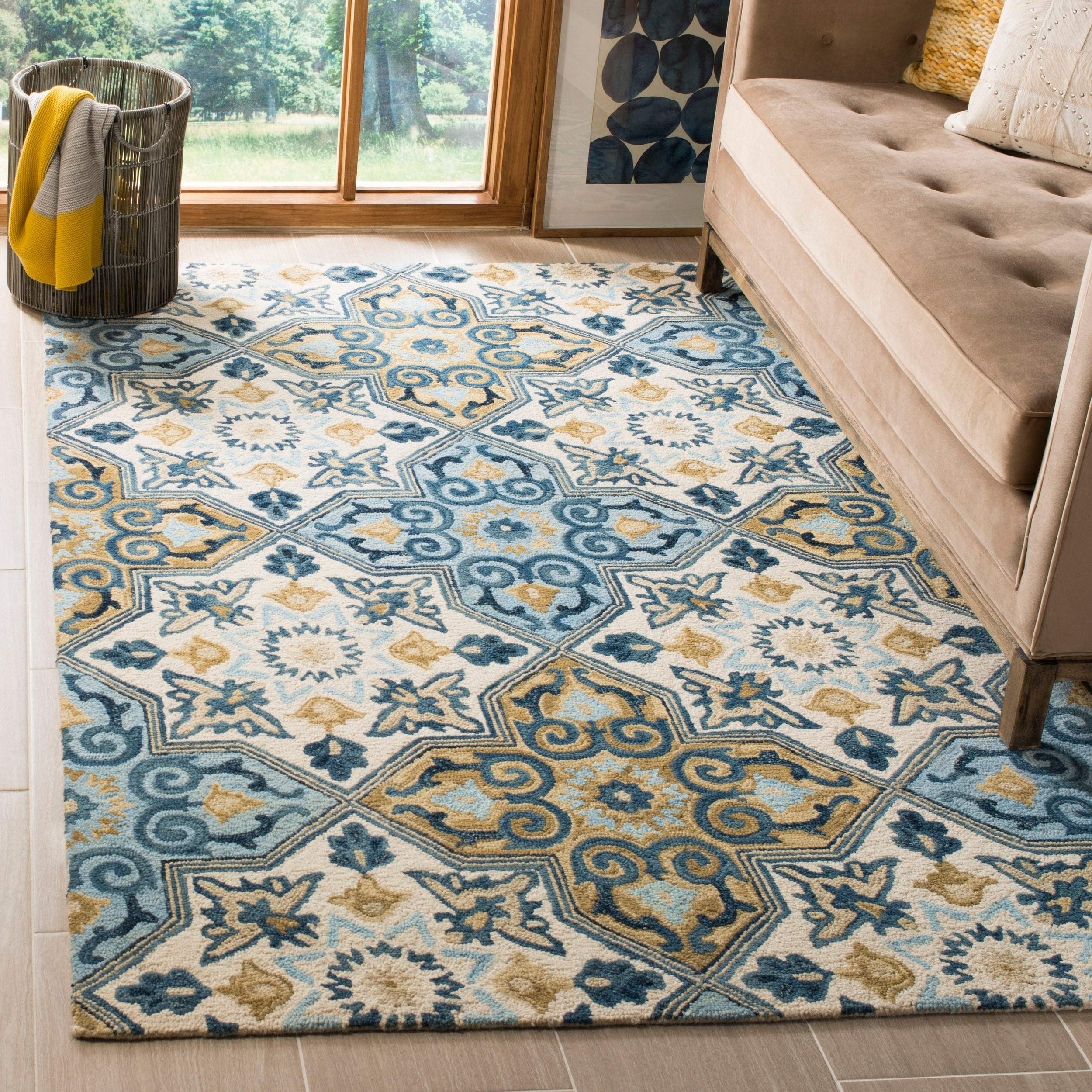 SAFAVIEH Suzani Collection 3' x 5' Ivory/Blue SZN380A Hand-Hooked Boho Premium Wool Area Rug