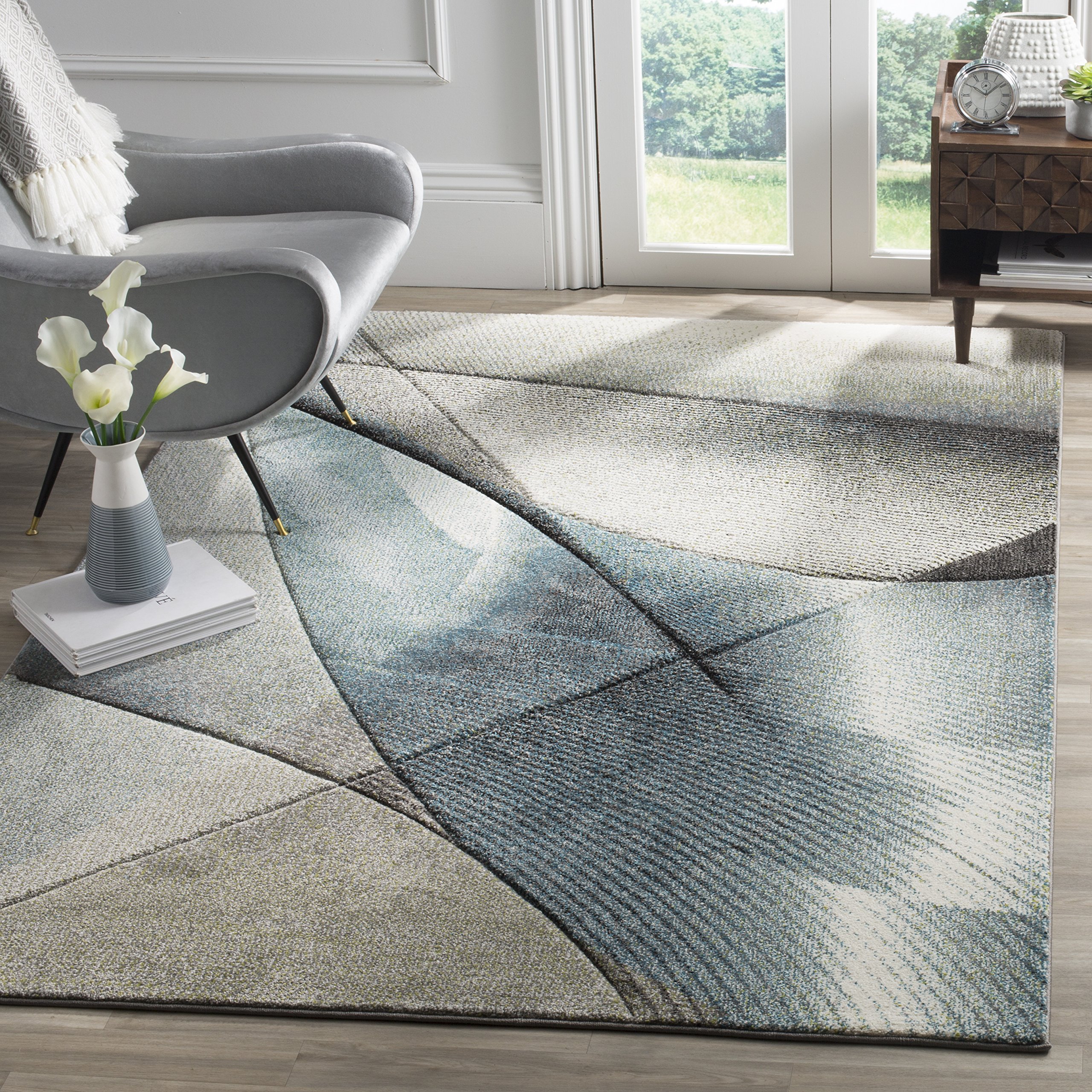 SAFAVIEH Hollywood Collection Accent Rug - 4' x 6', Grey & Teal, Mid-Century Modern Design, Non-Shedding & Easy Care, Ideal for High Traffic Areas in Entryway, Living Room, Bedroom (HLW715D)