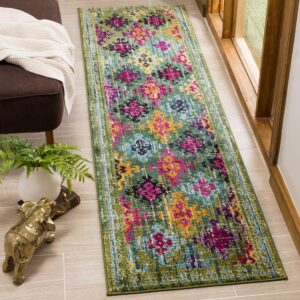 safavieh monaco collection runner rug - 2'2" x 8', green & multi, boho diamond trellis design, non-shedding & easy care, ideal for high traffic areas in living room, bedroom (mnc244g)