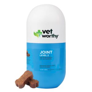 vet worthy joint support level 2 | eases joint stiffness due to normal daily exercise and activity | dog supplement with glucosamine, chondroitin, vitamin c, msm | liver flavor soft chews 30 count