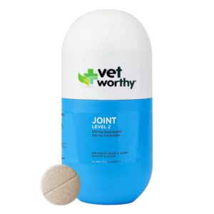 vet worthy joint support level 2 chewable tablet | supports bone health and healthy joints | dog supplement with glucosamine, chondroitin, msm, hyaluronic acid | liver flavor 60 count