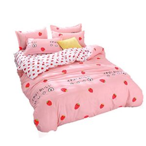 kimko girls strawberry bedding set- teens reversible red strawberry pattern & pink cover,breathable (4pcs -1 duvet cover set + 1 flat sheet + 2 pillowcases) (full, # strawberry)