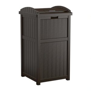 suncast 33 gallon durable plastic hideaway outdoor garbage can with secure lid and wicker design for home backyards, decks, or patios, java brown