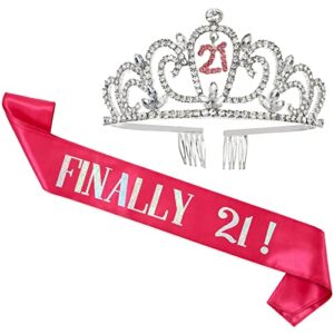 juvale 21st birthday sash and crown set for her, finally 21 hot pink reflective sash, rhinestone tiara