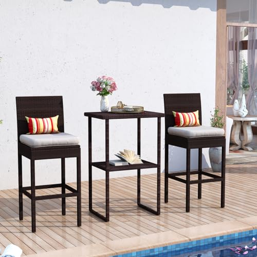 Sundale Outdoor Bar Stools 30 Inch Seat Height Set of 2, Patio Wicker Counter Stools with Back Rest, High Brown Rattan Chair with Pillow & Beige Cushion, All-Weather Armless Tall Pub Barstool