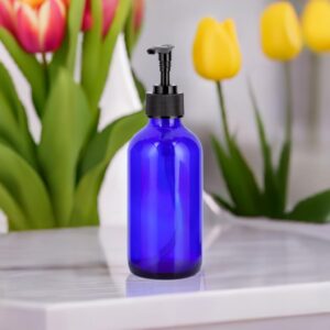 8 oz Cobalt Blue Boston Round Glass Bottles (2 Pack) with Two Closures: Black Lotion Pump and Phenolic Caps