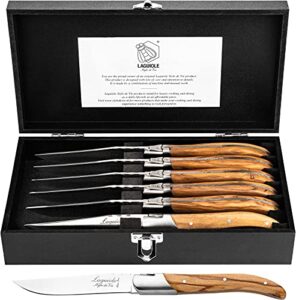 laguiole style de vie steak knives, luxury line, 6 pieces, olive wood, in giftbox