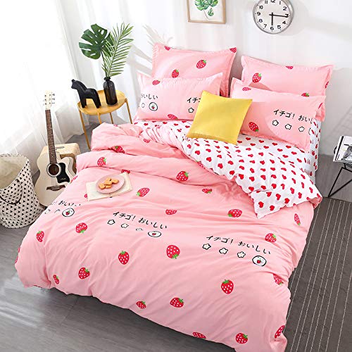 Kimko Girls Strawberry Bedding Set- Teens Reversible Red Strawberry Pattern & Pink Cover,Breathable (4Pcs -1 Duvet Cover Set + 1 Flat Sheet + 2 Pillowcases) (Full, # Strawberry)