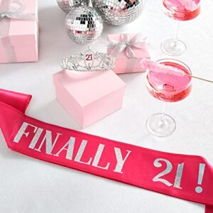 Juvale 21st Birthday Sash and Crown Set for Her, Finally 21 Hot Pink Reflective Sash, Rhinestone Tiara