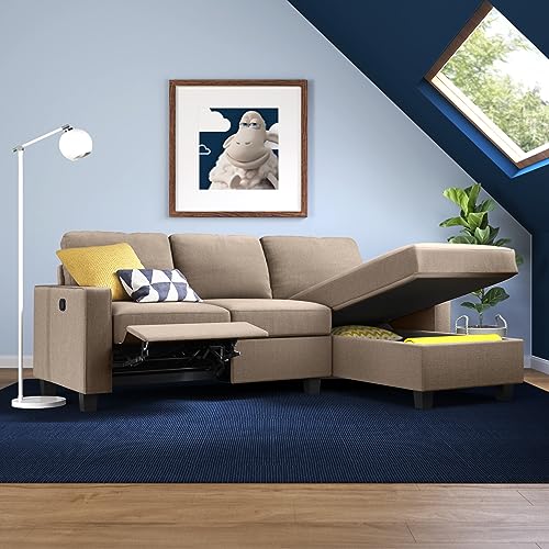 Serta Palisades Reclining Sectional Sofa with Right Chaise, Small Couch with Built-In Storage, Low-Maintenance & Family-Friendly Fabric, Oatmeal