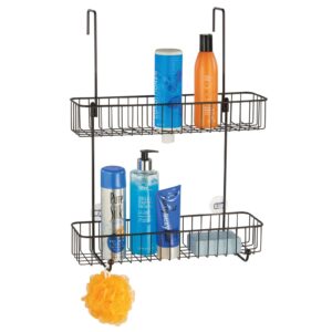 mdesign extra wide metal wire over the bathroom shower door caddy, hanging storage organizer center with built-in hooks and baskets on 2 levels for shampoo, body wash, loofahs - bronze