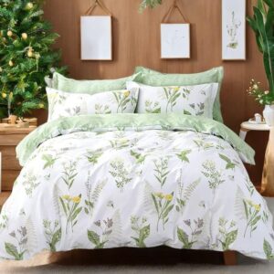 fadfay duvet cover set queen 4-pcs shabby daisy and lavender flowers 100% cotton hidden zipper closure with green deep pocket fitted sheet 4 pieces queen size