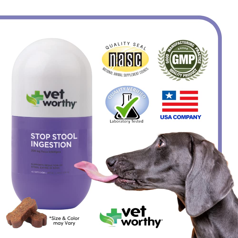 Vet Worthy Stop Stool Ingestion -Coprophagia - Supplement for Dogs to Prevent Stool Eating - Dog Supplement with Yucca Schidigera, Parsley Leaf, Chamomile, - Poultry Flavor, 45 Soft Chews