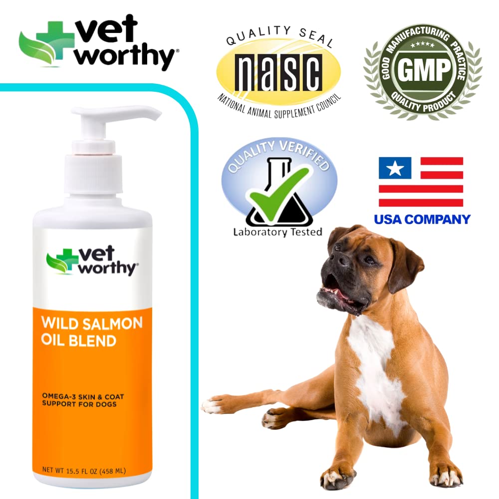 Vet Worthy Wild Alaskan Salmon Oil Blend for Dogs - Dog Supplement to Support Healthy Skin and Beautiful Coat - Fish Oil Supplement with EPA, DHA, and Omega 3 Fatty Acids - Salmon Flavor, 15.5oz