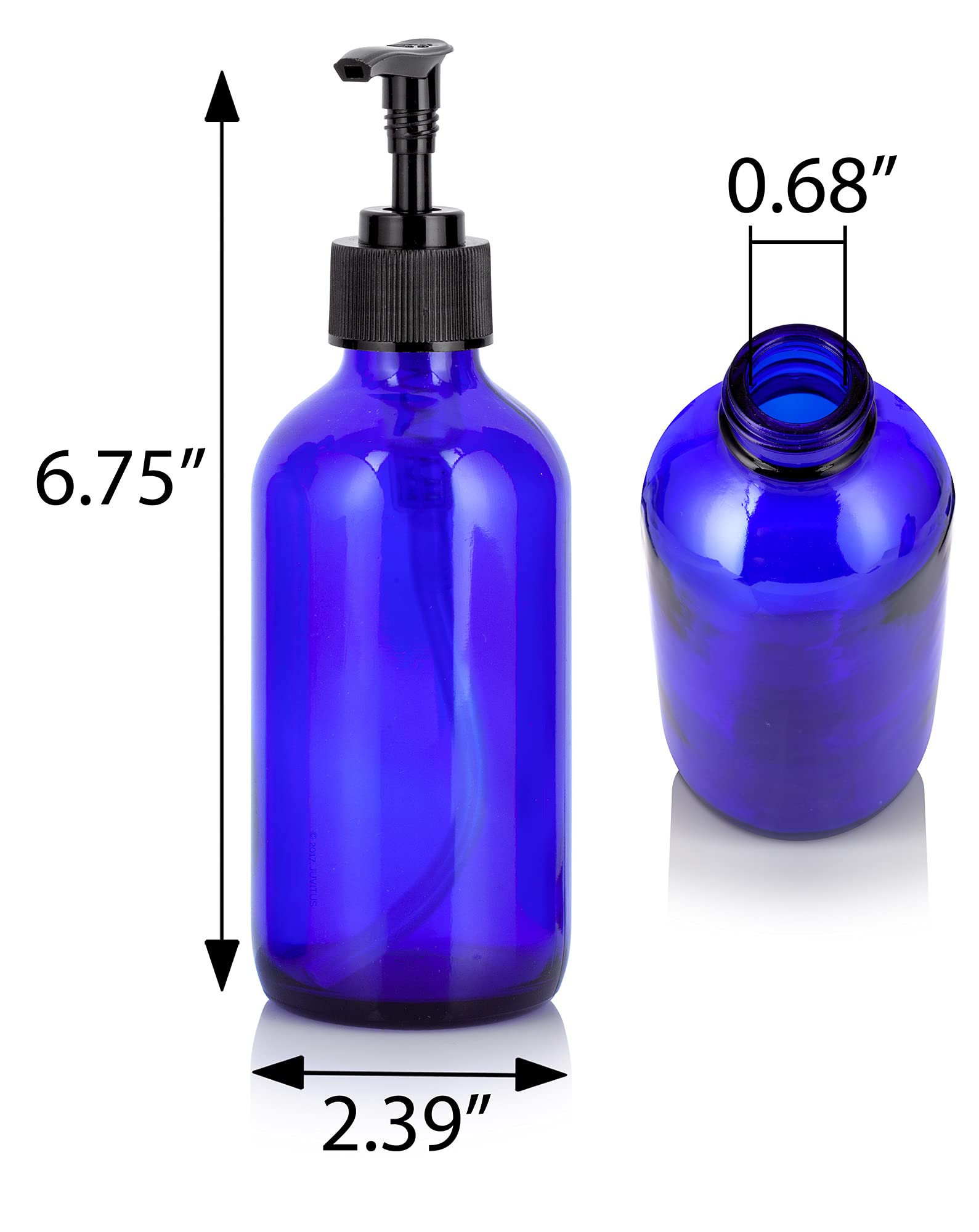 8 oz Cobalt Blue Boston Round Glass Bottles (2 Pack) with Two Closures: Black Lotion Pump and Phenolic Caps