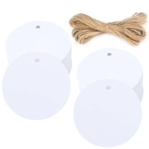 g2plus 100pcs white gift tags with string，2'' round paper tags blank hang tags circle tags with holes for craft projects, xmas gift, diy wedding favor bag