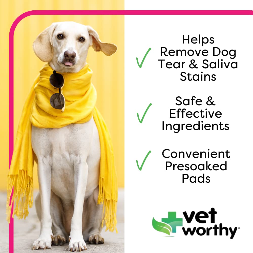 Vet Worthy Tear Stain Pads for Dogs - Solution Soaked Pads - Remove Stains from Dogs Fur - Gentle and Safe - 90 Pads.