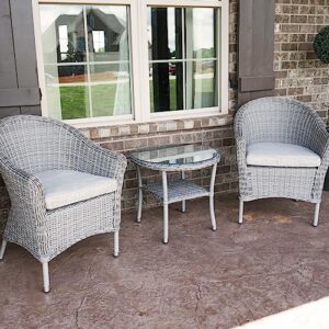 pleasant bay 3-piece outdoor furniture bistro set for decks and patios, includes 2 chairs table, seats 2, synthetic wicker, white