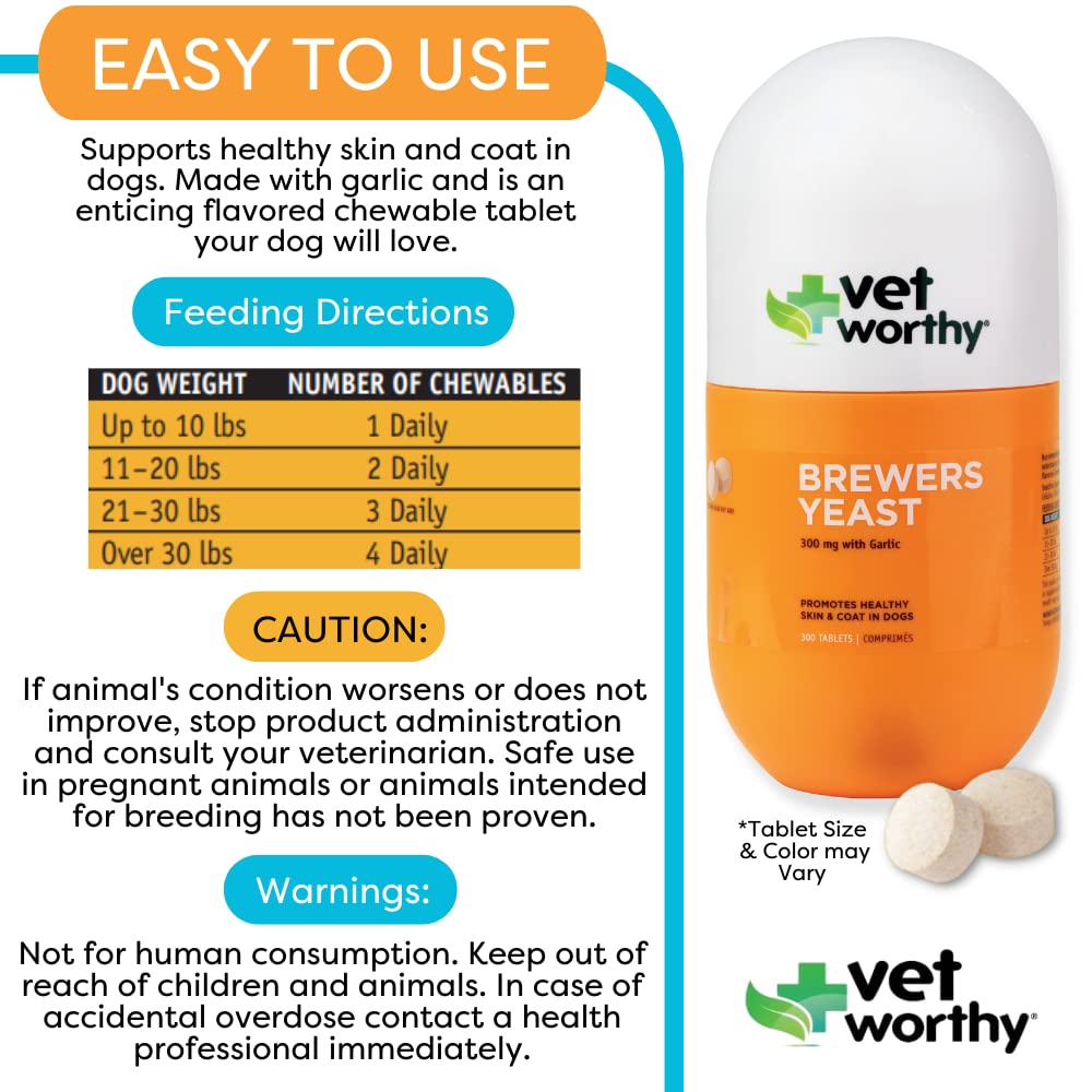 Vet Worthy Brewer’s Chewables for Dogs - Dog Daily Supplement to Support Healthy Skin and Coat - Brewers Supplement with Zinc, Iron, Vitamin B Complex - Garlic Flavored, 300 Tablets